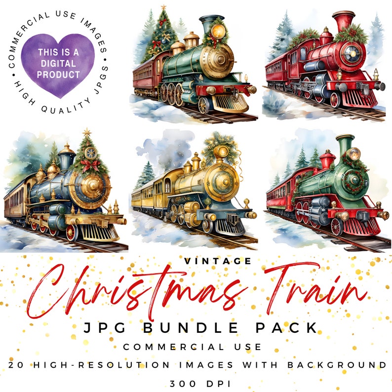 Vintage Christmas Train Clipart | Watercolor Train Clipart | High Quality Jpgs | Tren Navideno ...