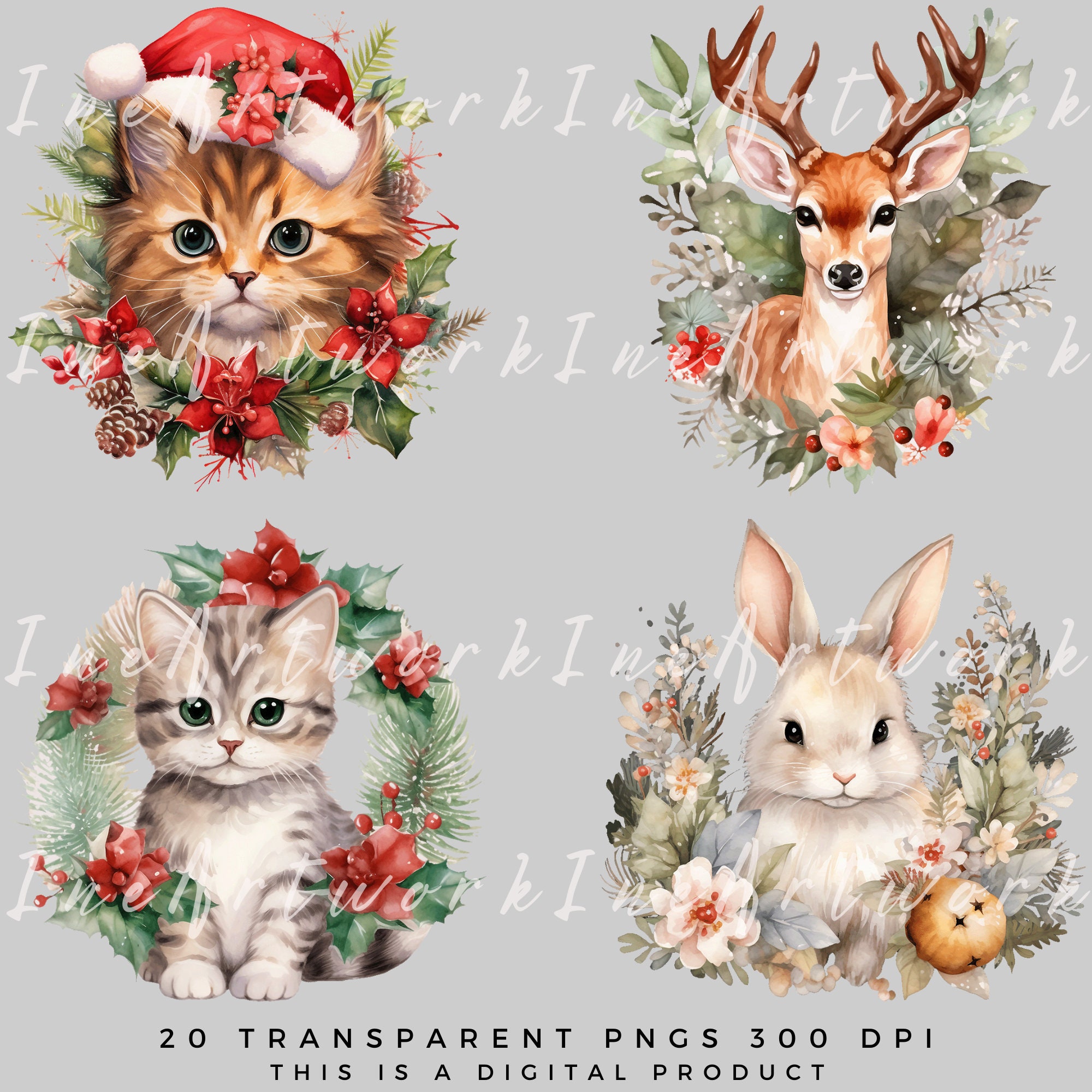 Watercolor Christmas Animals Clipart: PNG Bundle for Junk Journals ...