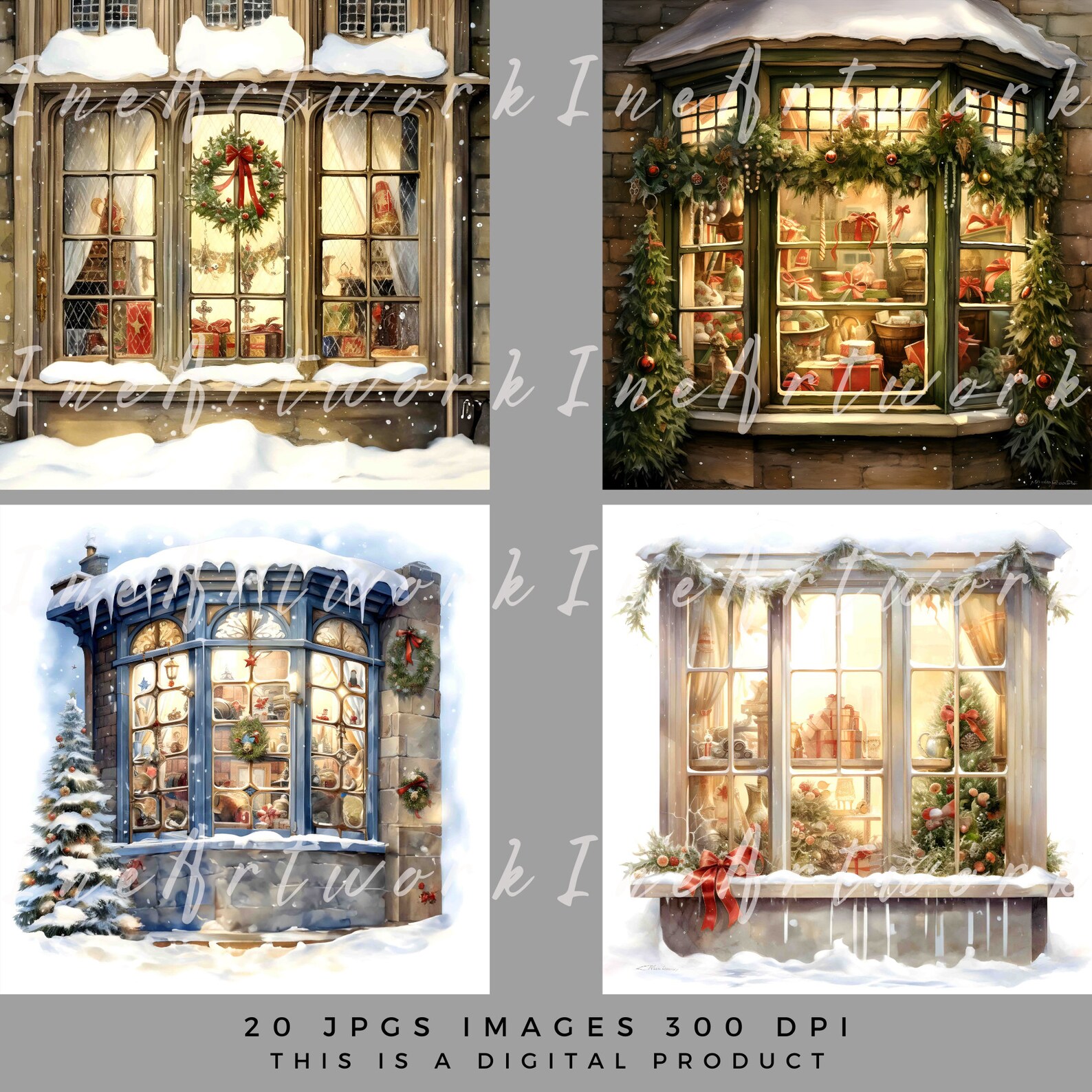 Watercolor Christmas Window Clipart: 20 JPG Images (digital Download ...