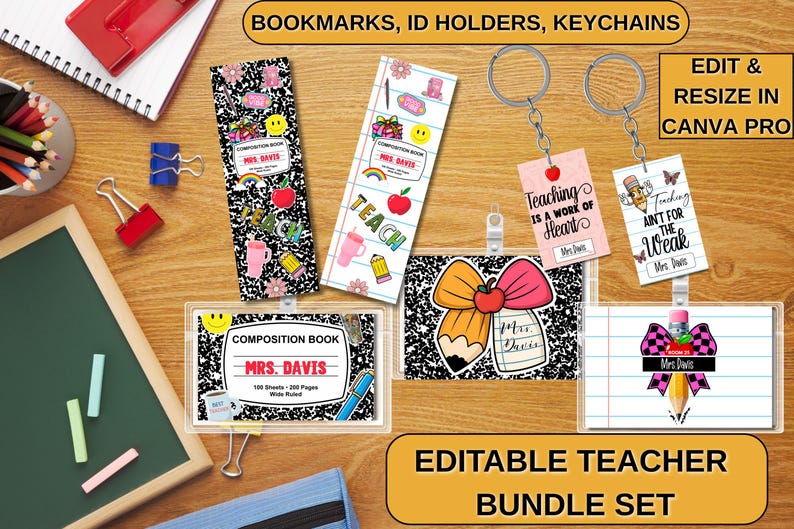 Editable Teacher Accessory Bundle: Bookmarks, ID Badge, Keychains ...