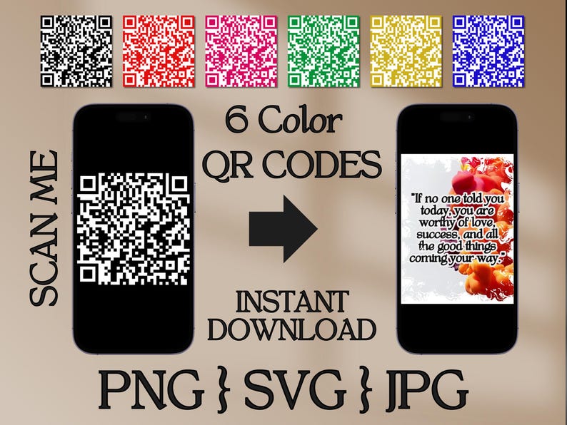 Custom QR Code Bundle | 6 Color QR Codes With Motivational Quote ...
