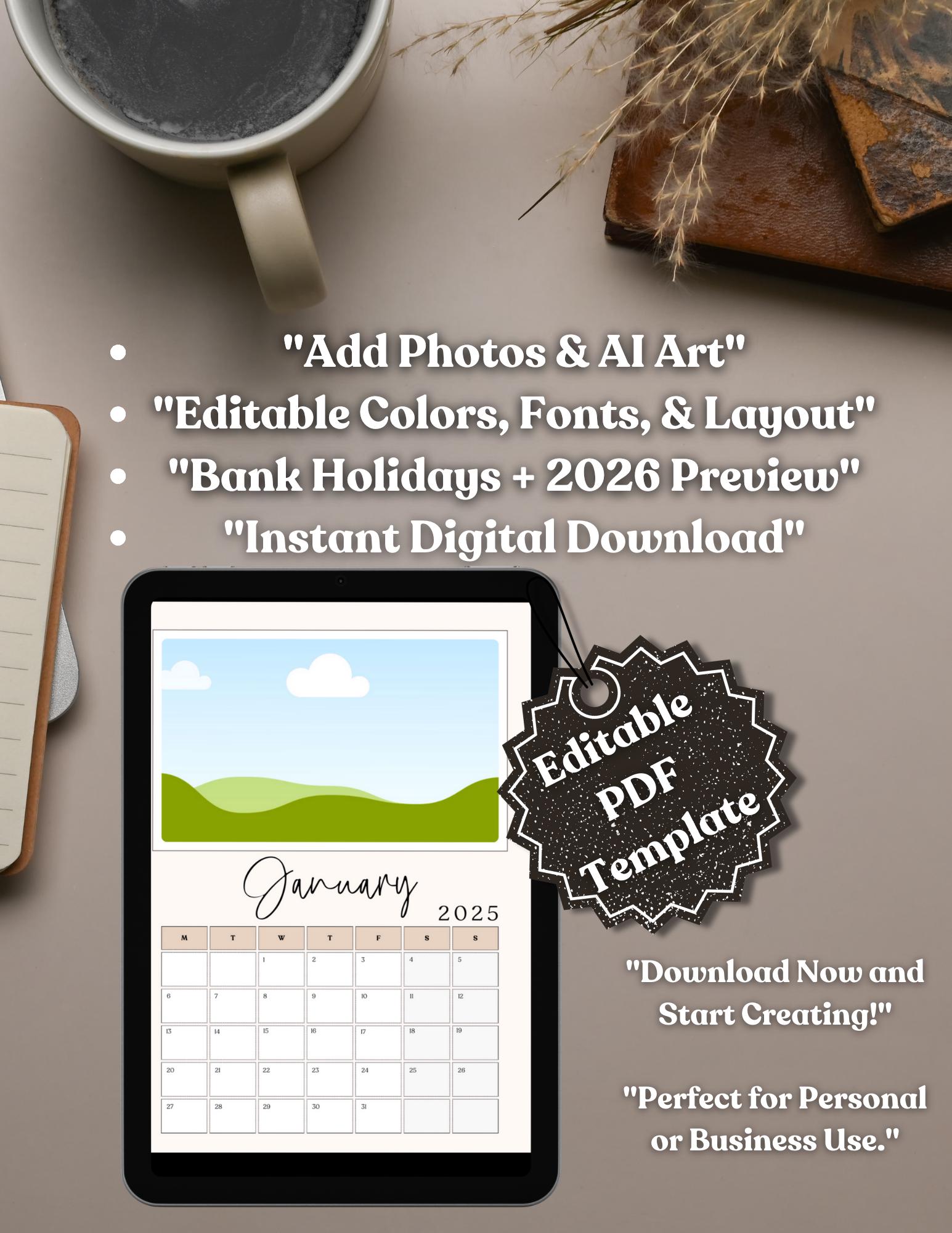 2025 Fully Editable Calendar | Customizable Canva Calendar Template ...