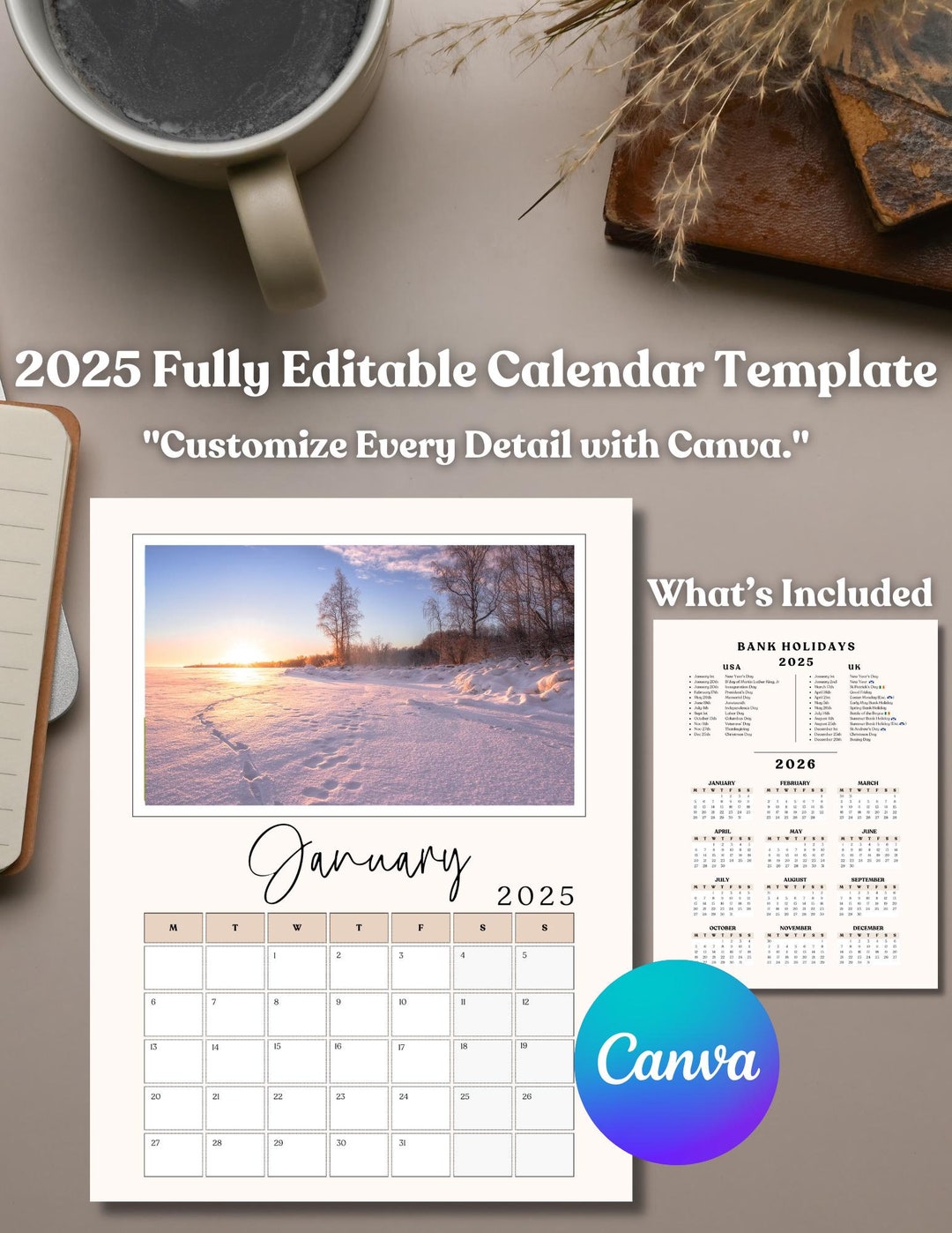 2025 Fully Editable Calendar | Customizable Canva Calendar Template ...