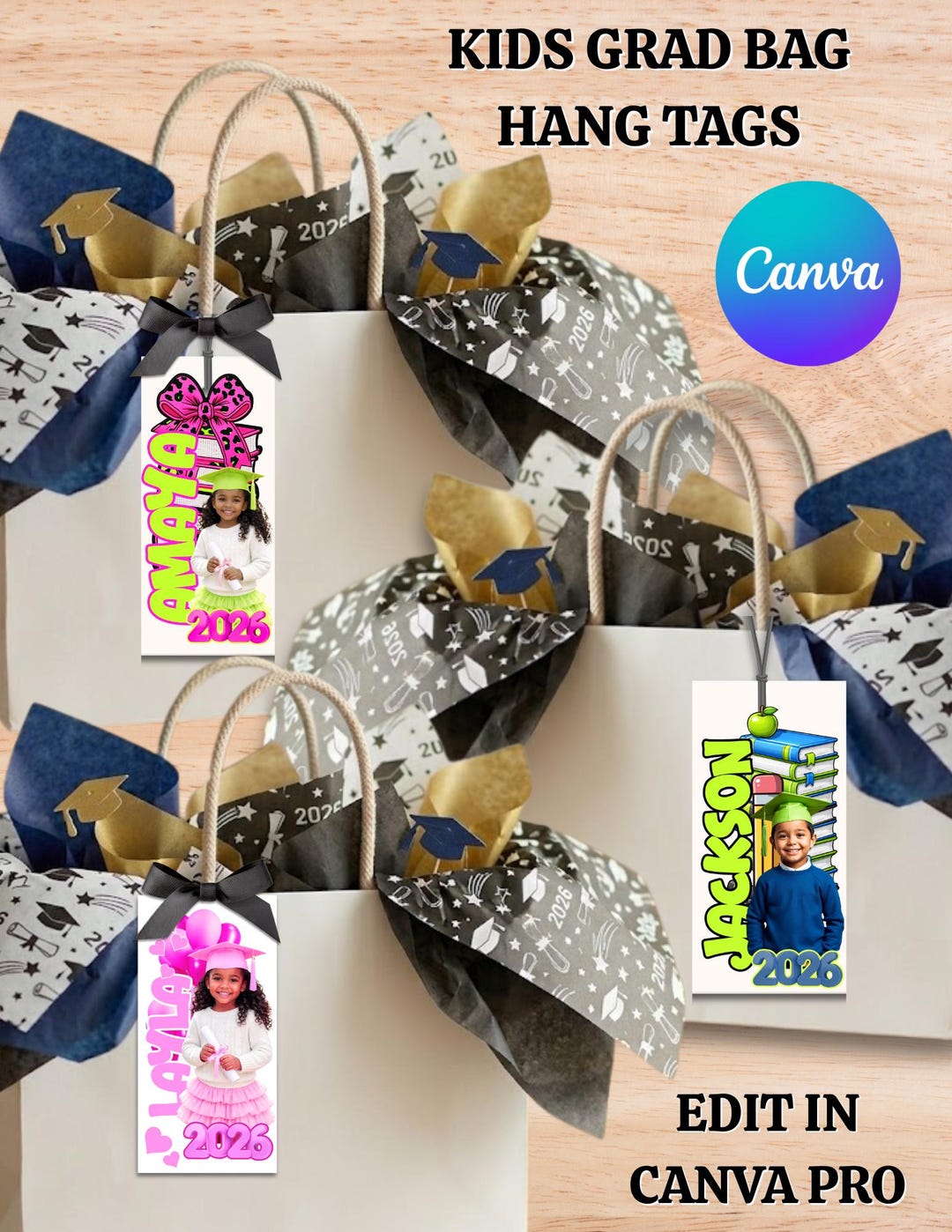 Editable Kids Graduation Gift Bag Hang Tags | Class of 2026 | Canva ...