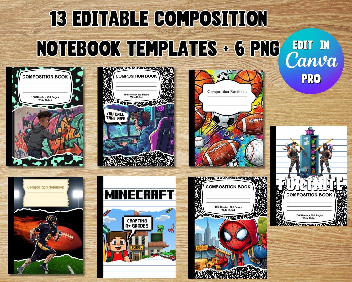 Editable Composition Book Covers: School Theme PNG Designs (digital ...