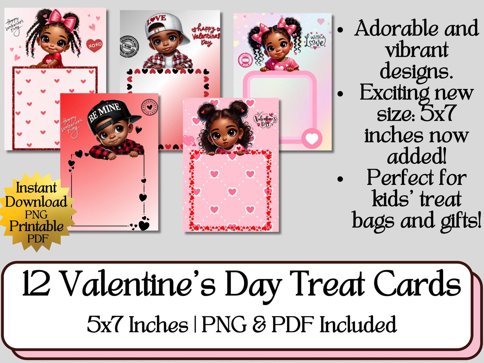 African American Valentine Treat Cards: 5x7 Printable Cards (PNG & PDF ...