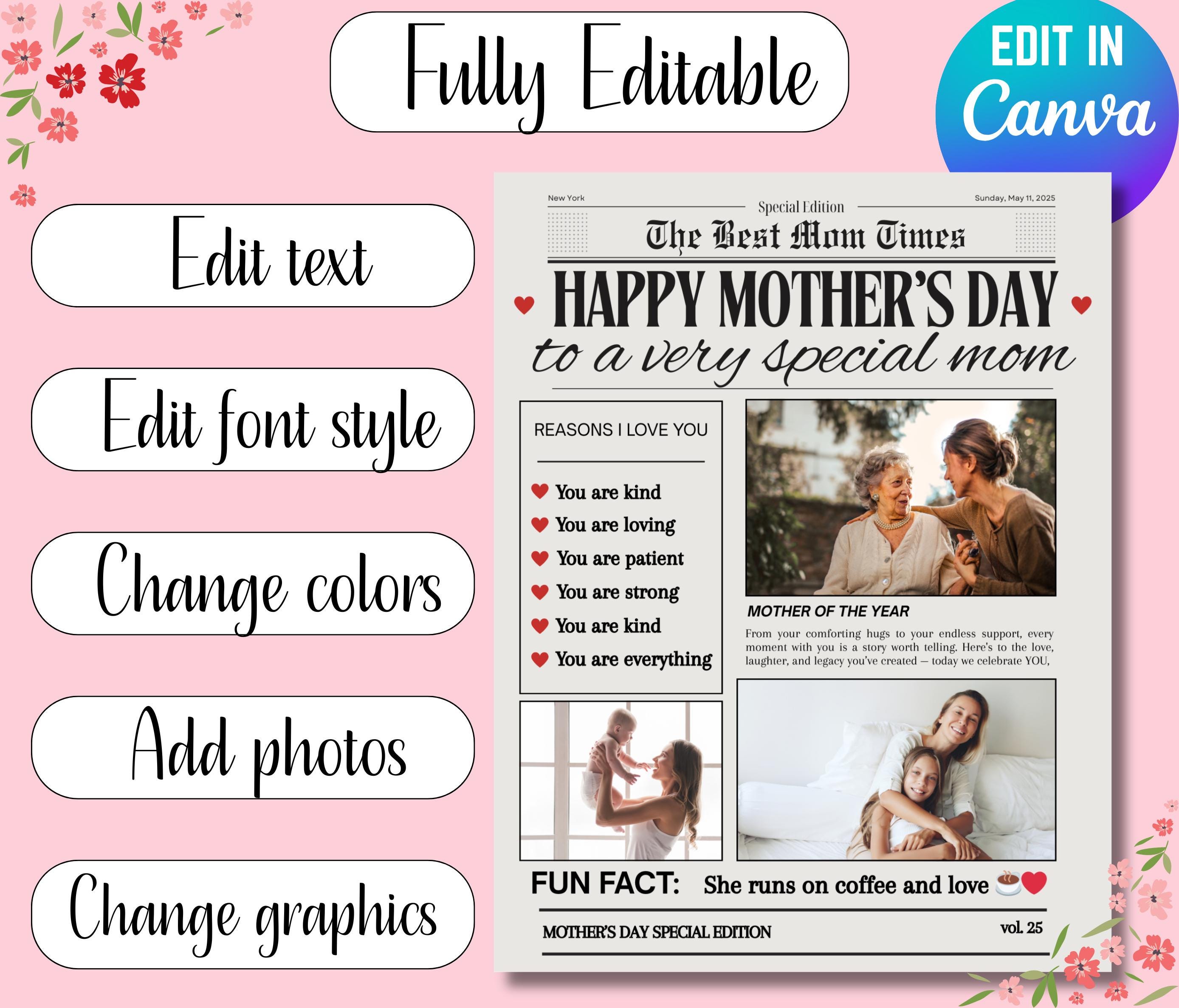 Editable Mother's Day Newspaper Template: DIY Keepsake Gift (digital ...