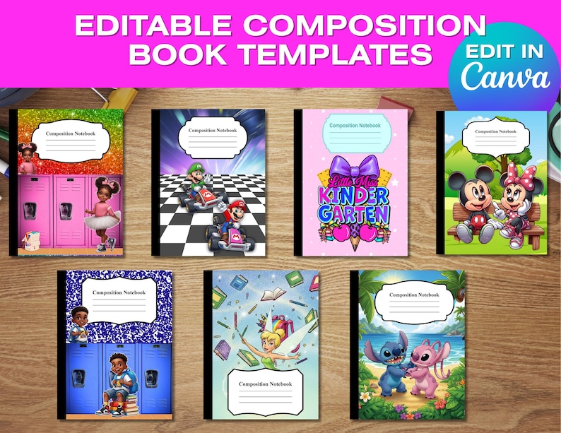 Editable Composition Book Covers: School Theme Designs (instant ...