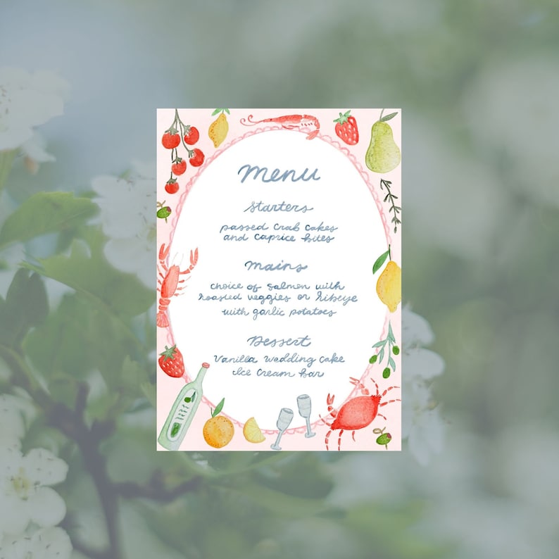 Custom Illustrated Menu Design | Custom Wedding Menu, Custom Watercolor ...
