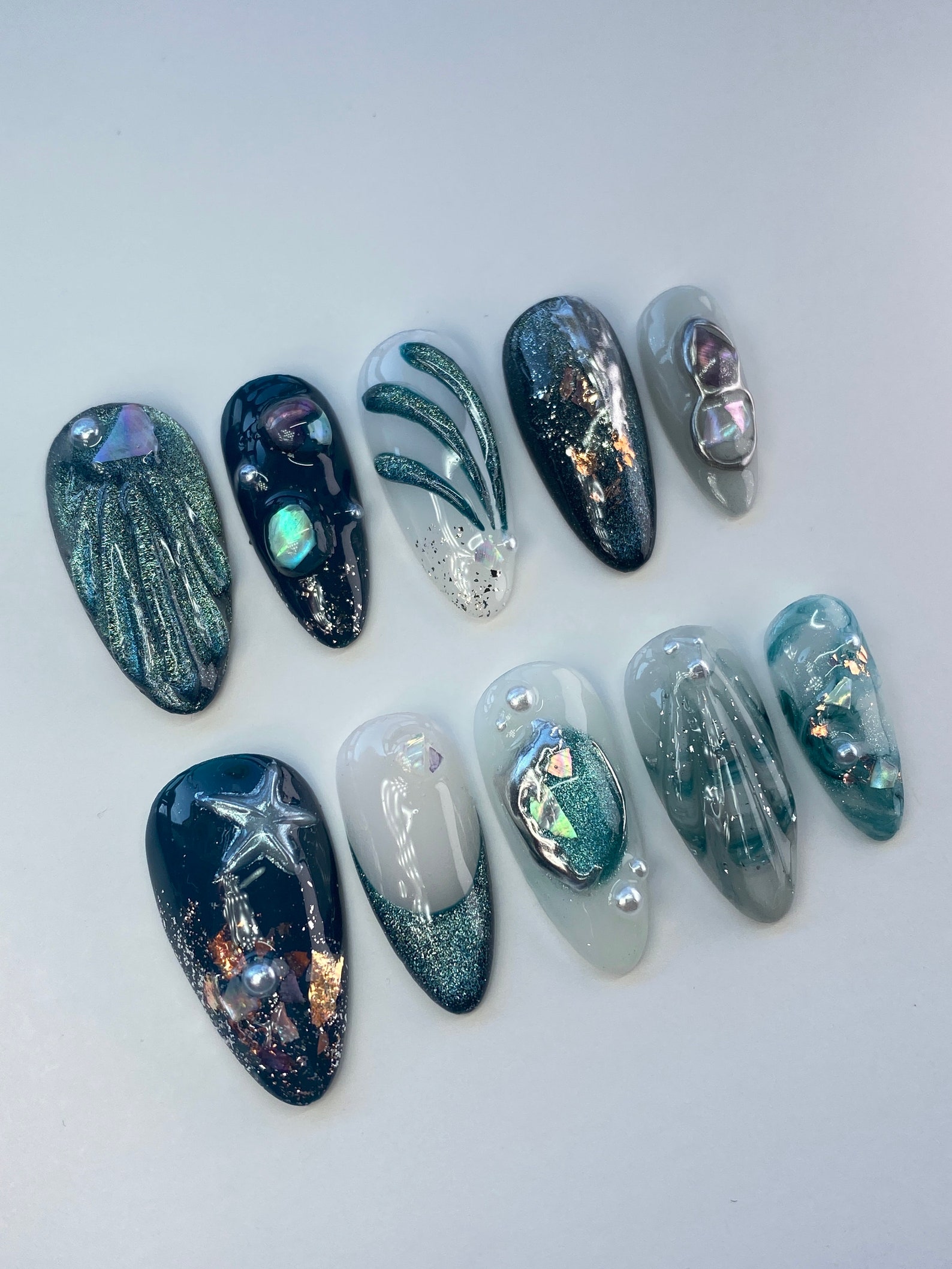 Blue Mermaid Press on Nails | 3D Gel, Cat Eye, Velvet, Chrome ...