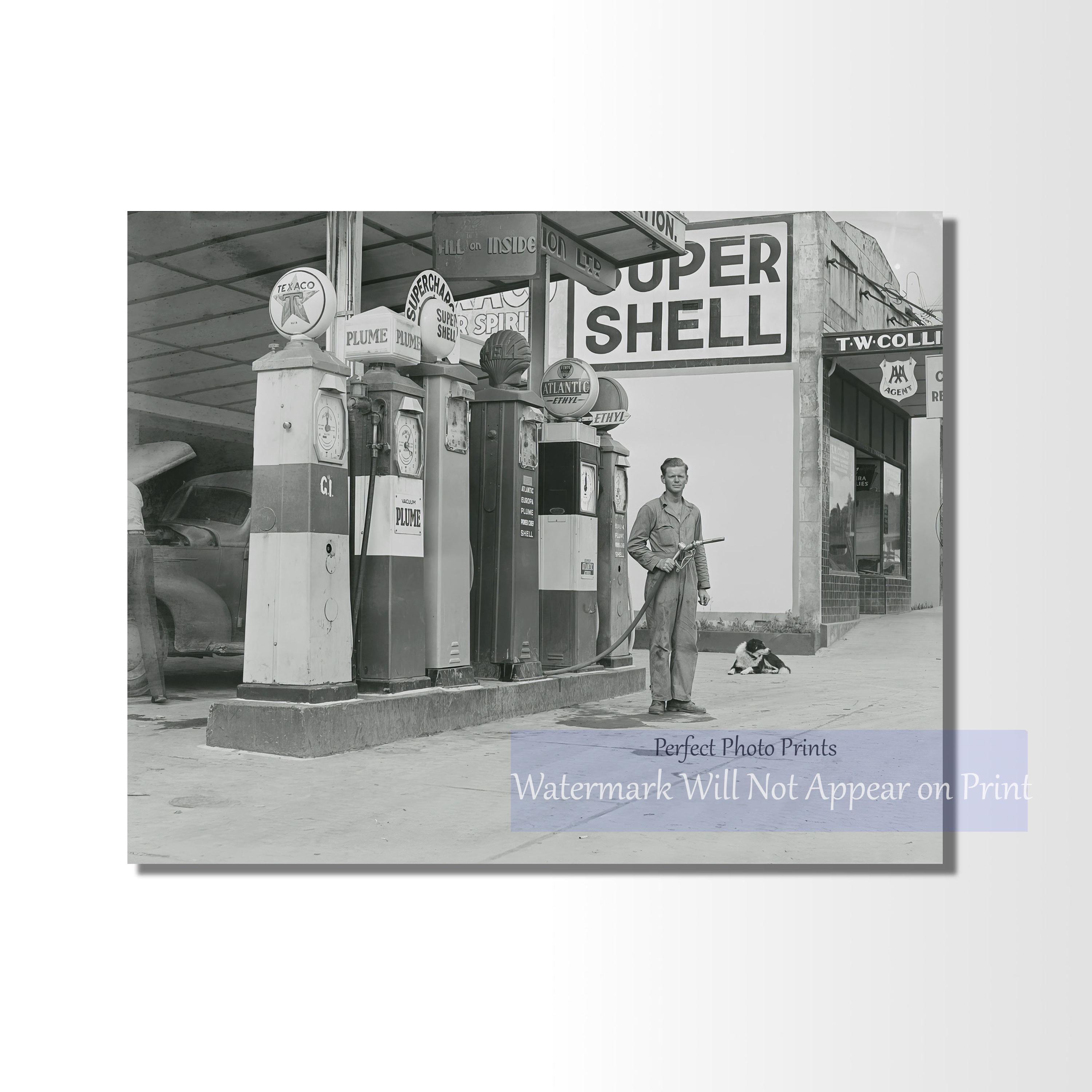 Vintage 1950s Gas Station Photo Print - Shell & Texaco Gas Pumps Garage ...