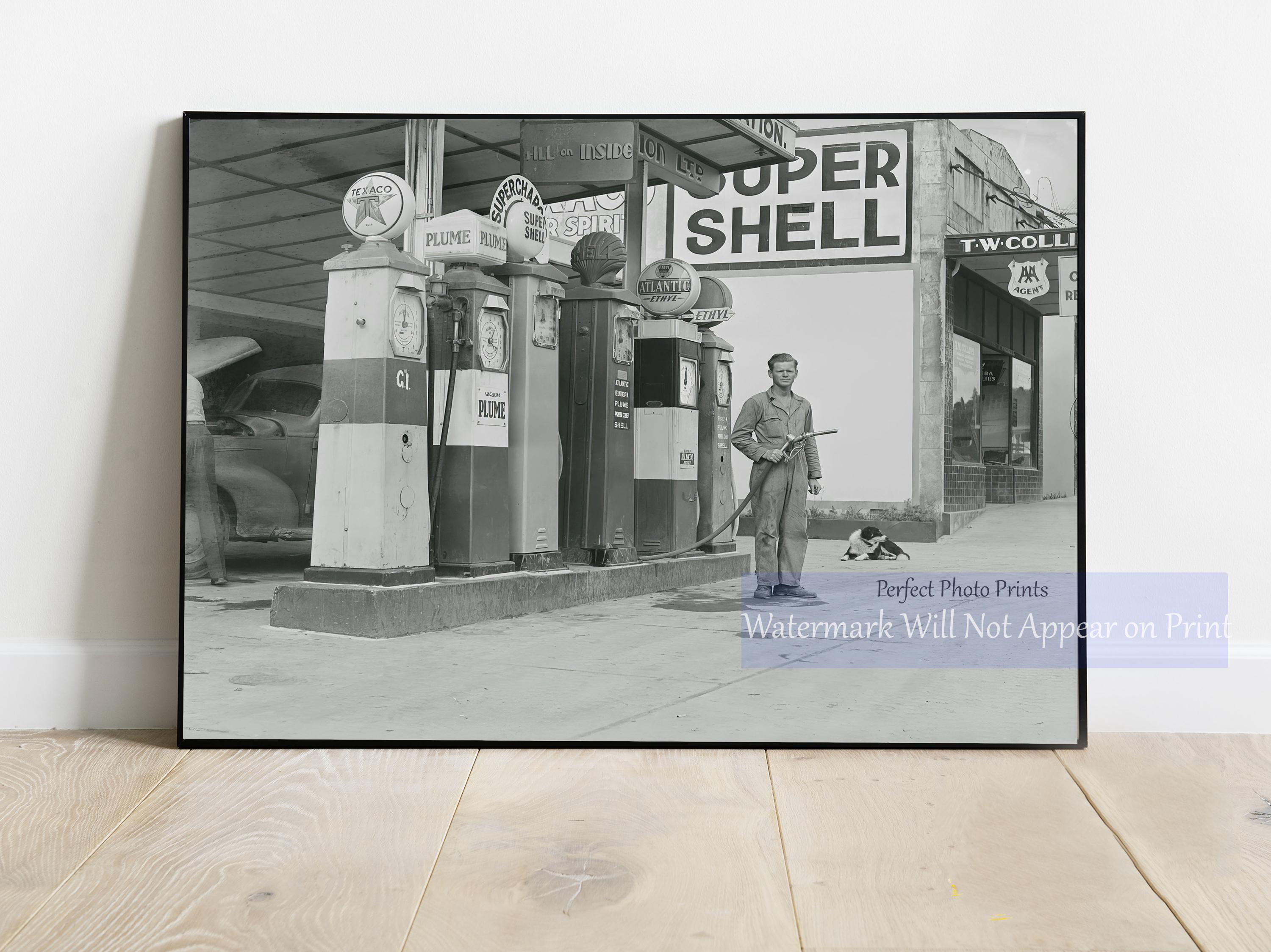 Vintage 1950s Gas Station Photo Print - Shell & Texaco Gas Pumps Garage ...