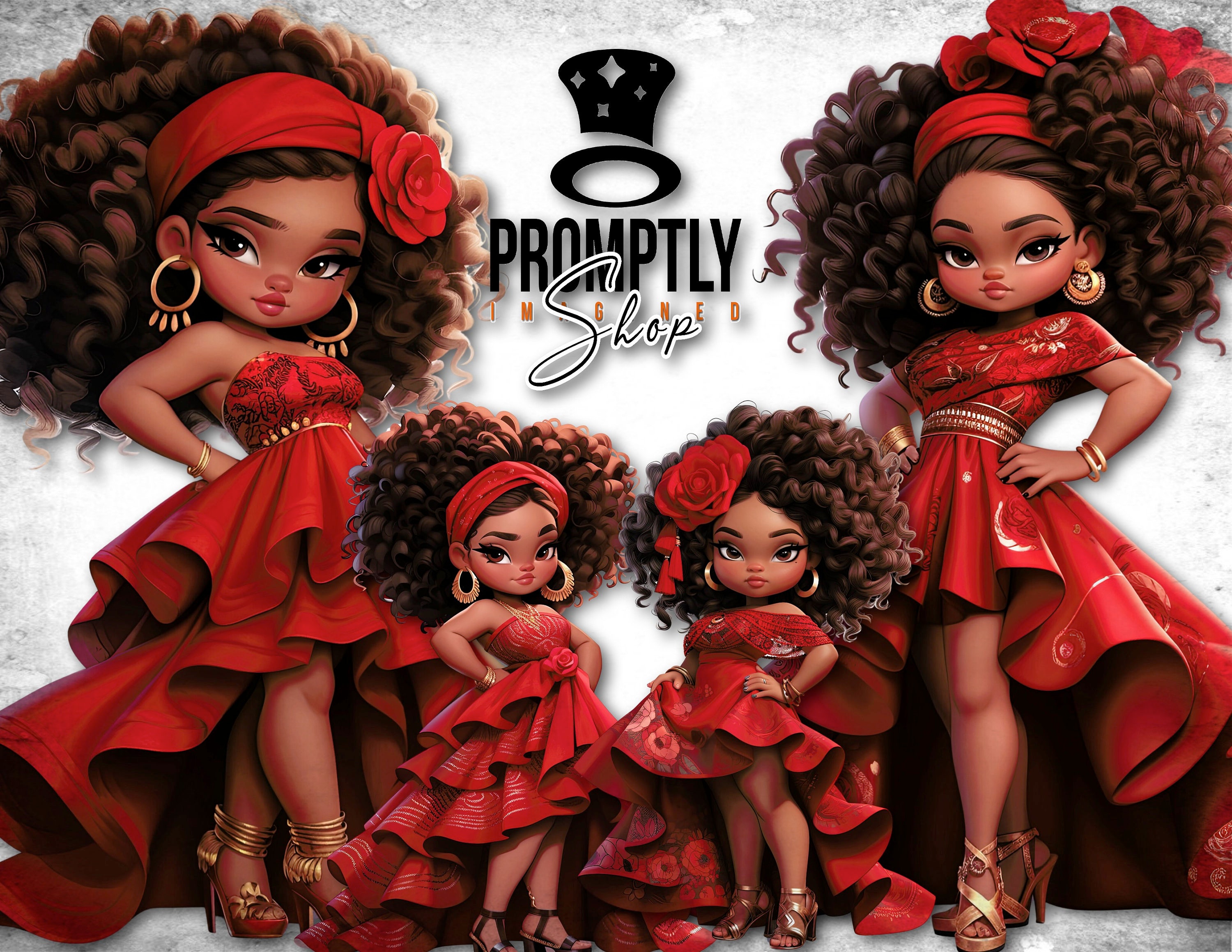 African American Chibi Clipart, Chibi Ruby Red Dress, Boho Melanin ...