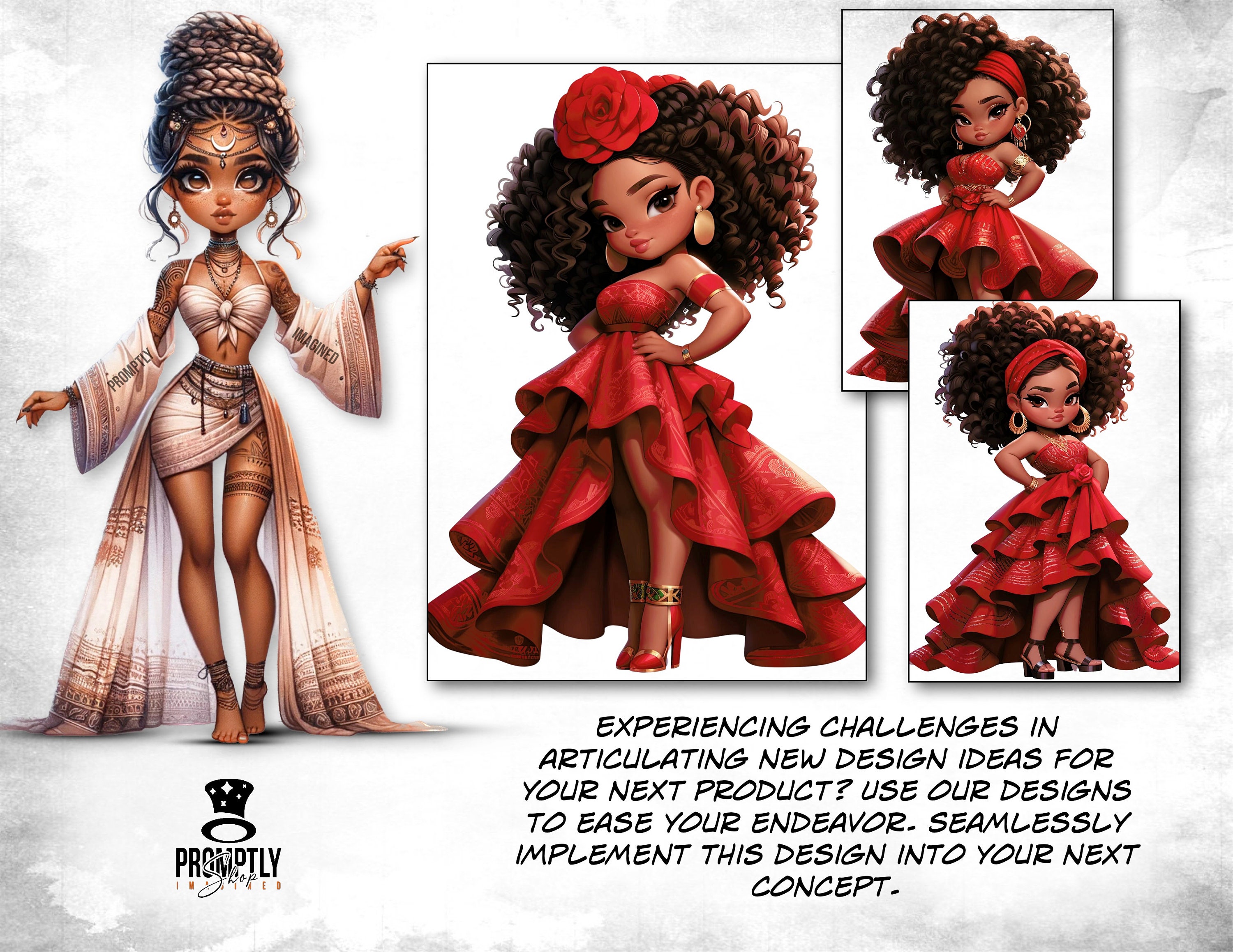 African American Chibi Clipart, Chibi Ruby Red Dress, Boho Melanin ...