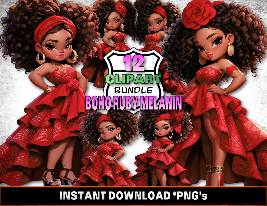 African American Chibi Clipart, Chibi Ruby Red Dress, Boho Melanin ...