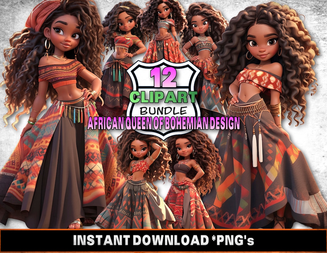 African Chibi Queen Clipart Bundle, Bohemian Chibi Digital Art, Ethnic ...