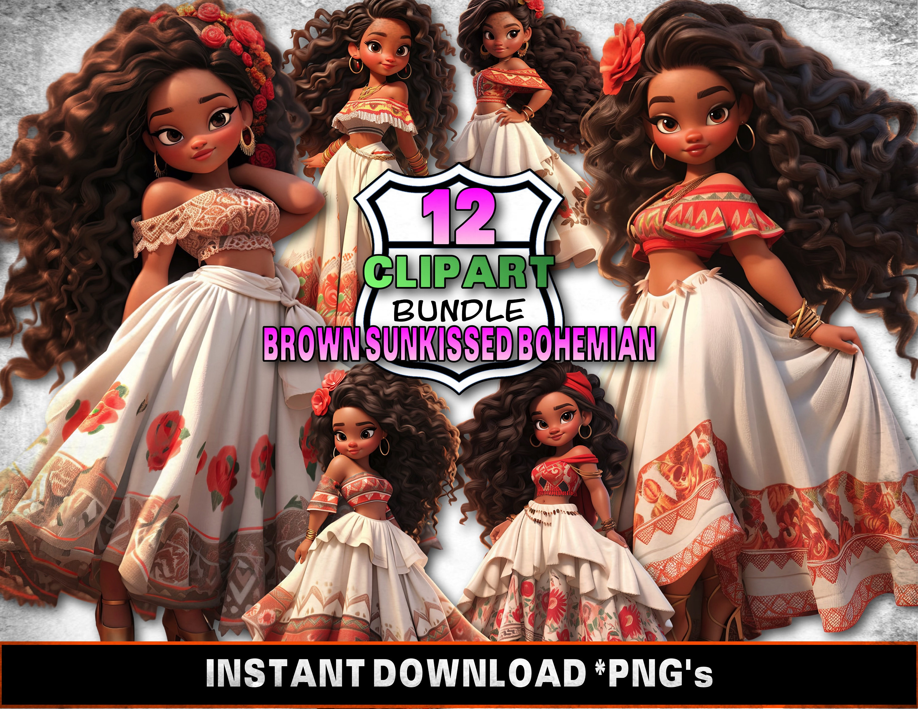 Bohemian Chibi Clipart Bundle, Brown Sun-kissed Chibi Character ...