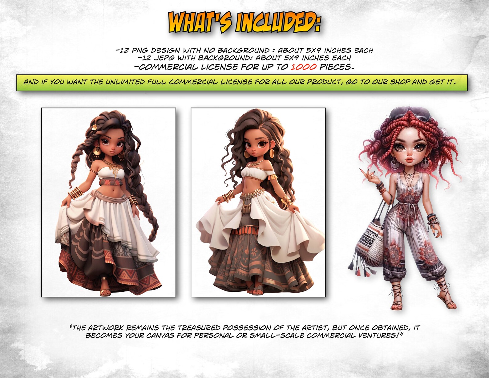 Boho Chibi Beauty Clipart Bundle, Ebony Chibi Princess Illustrations ...