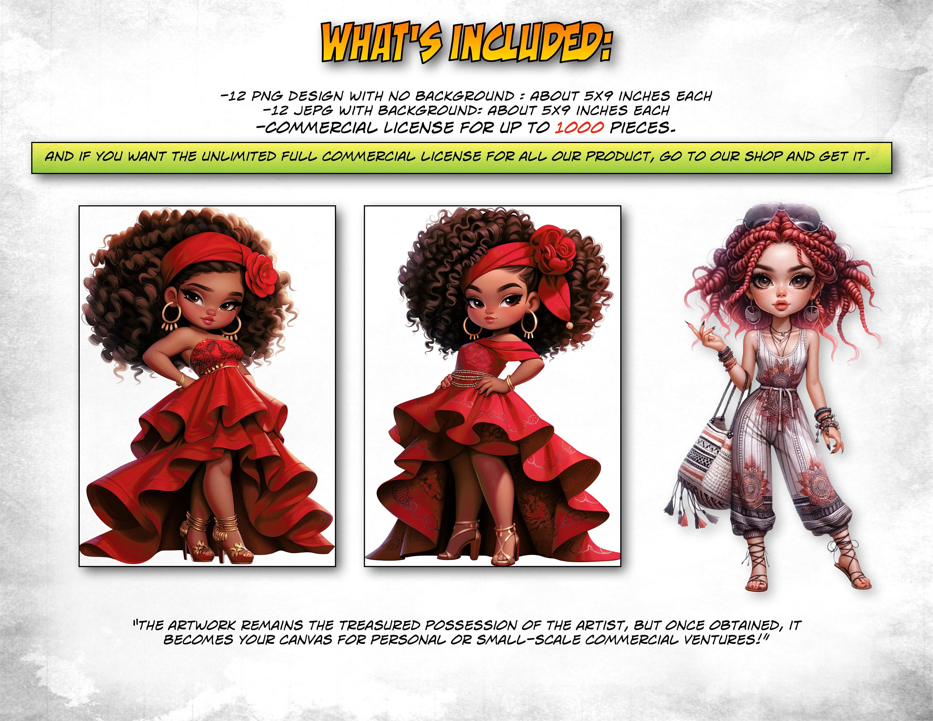 African American Chibi Clipart, Chibi Ruby Red Dress, Boho Melanin ...