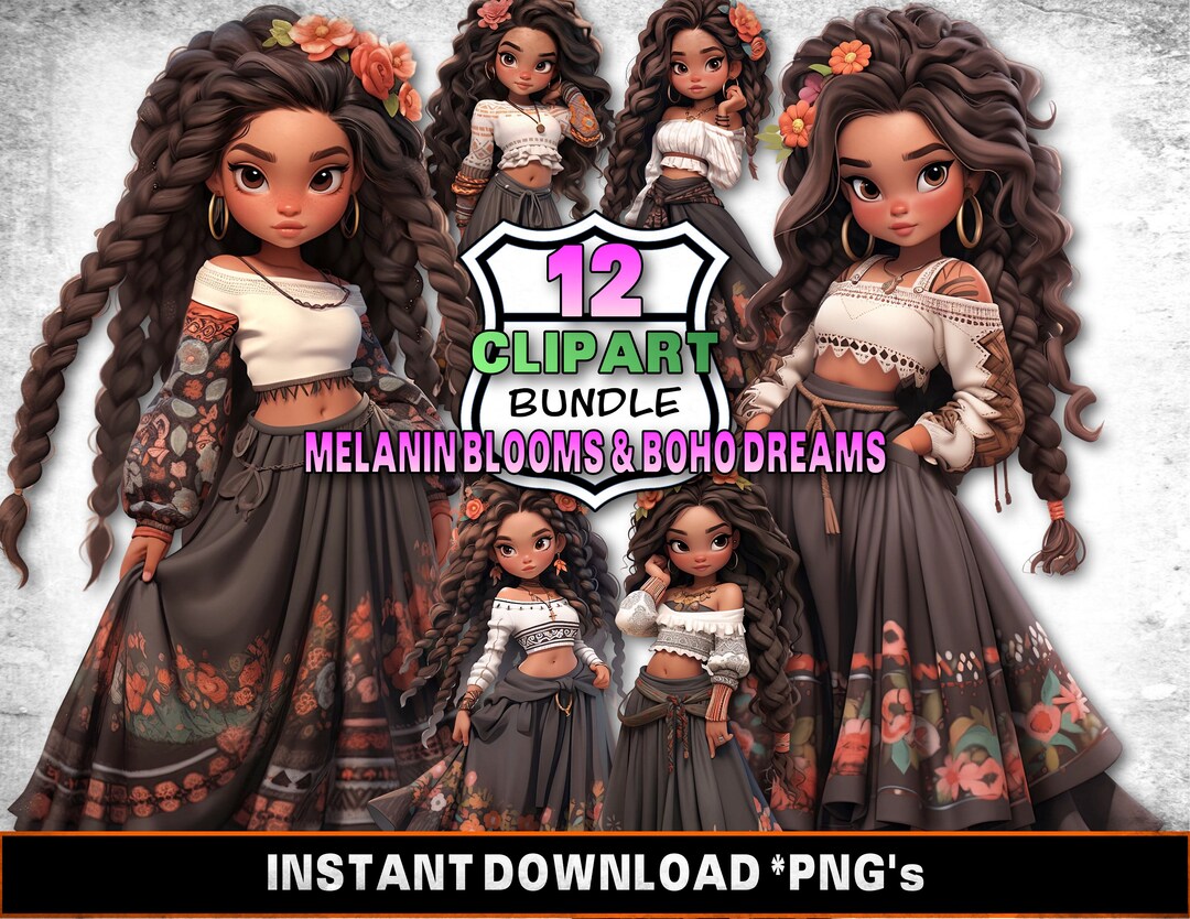 Boho Chibi Clipart Bundle, African American Chibi Girl, Digital ...