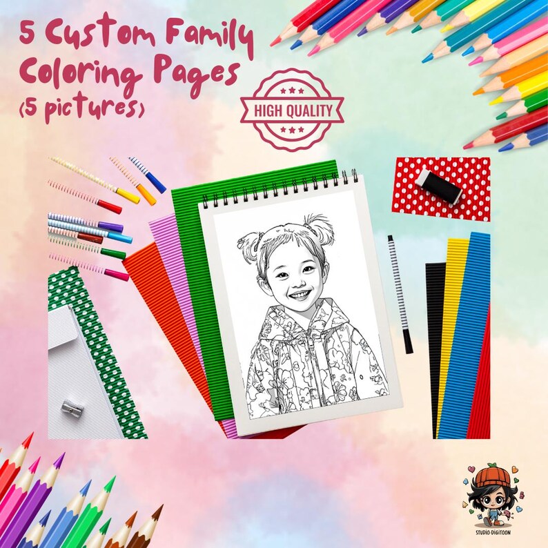 5 Custom Coloring Pages, Personalized Photo to Coloring Page, Digital ...