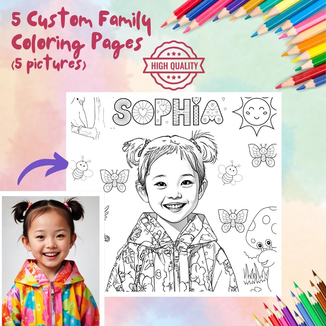 5 Custom Coloring Pages, Personalized Photo to Coloring Page, Digital ...