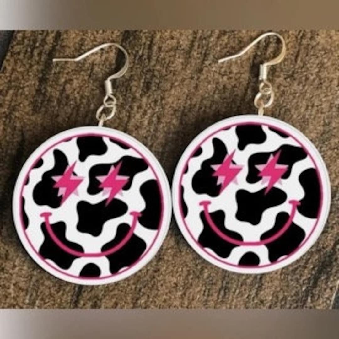 Cow Print Smiley Face Earrings - Etsy