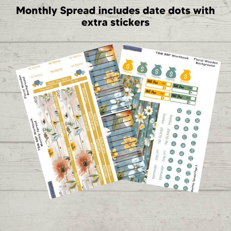 Floral Wooden Background Monthly Planner Sticker Kit, TBM BBP Workbook ...