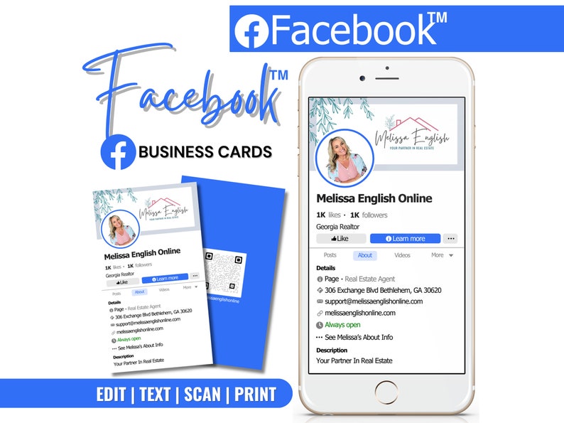 FACEBOOK Text & Print Business Cards | Canva Template | QR Code | Real ...