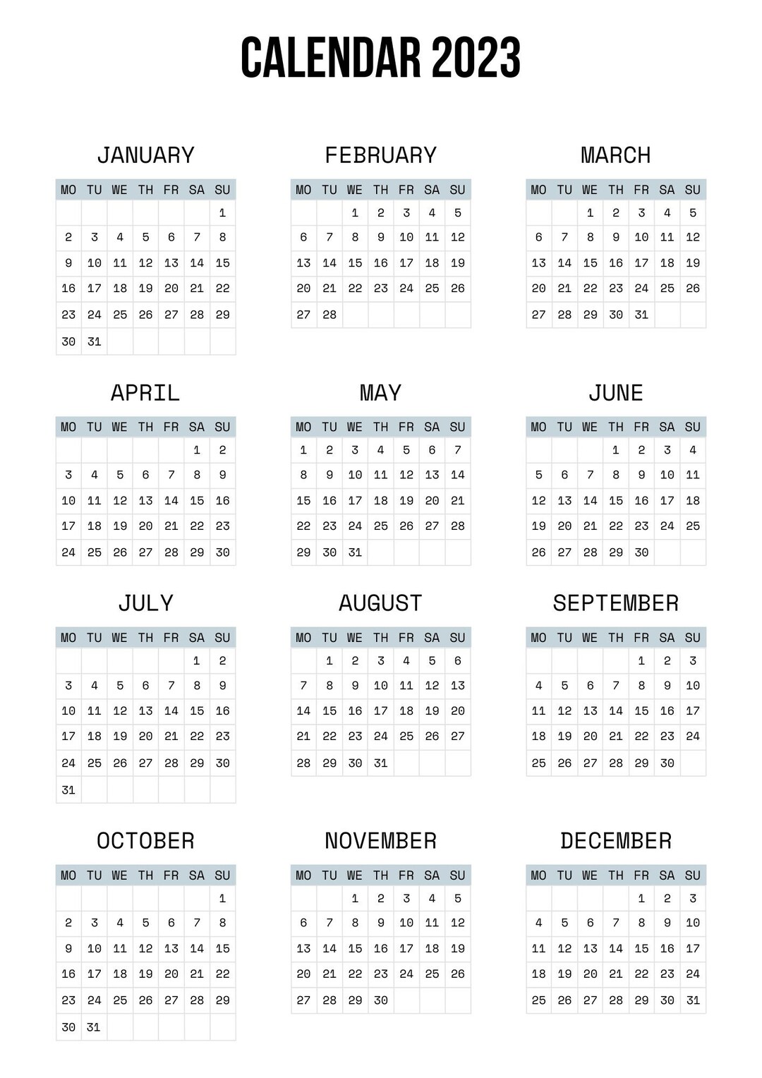 Calendar 2023. Minimalist Calendar. Digital Calendar 2023. - Etsy