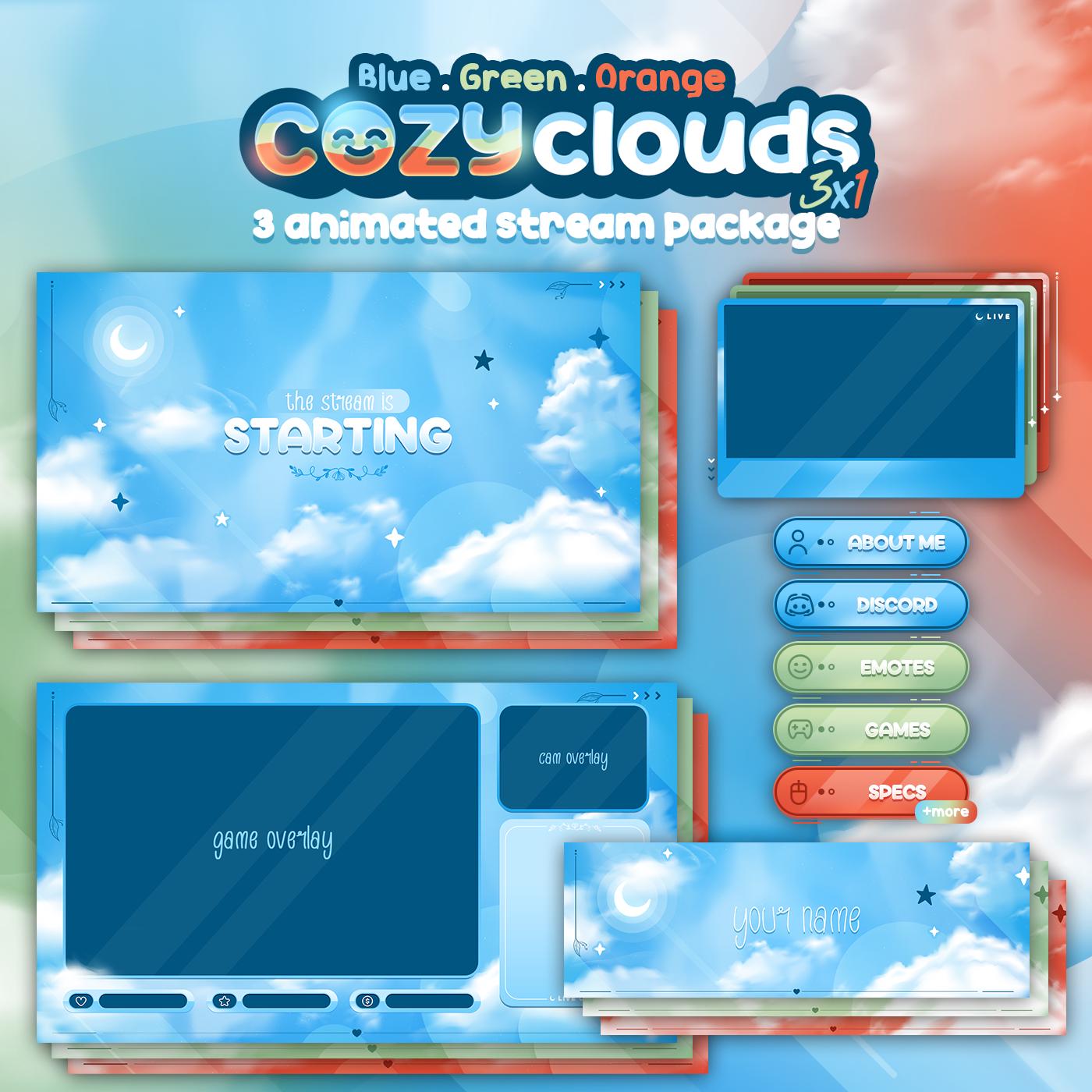 Cozy Clouds Three Animated Stream Packages: Twitch, Youtube, Kick ...