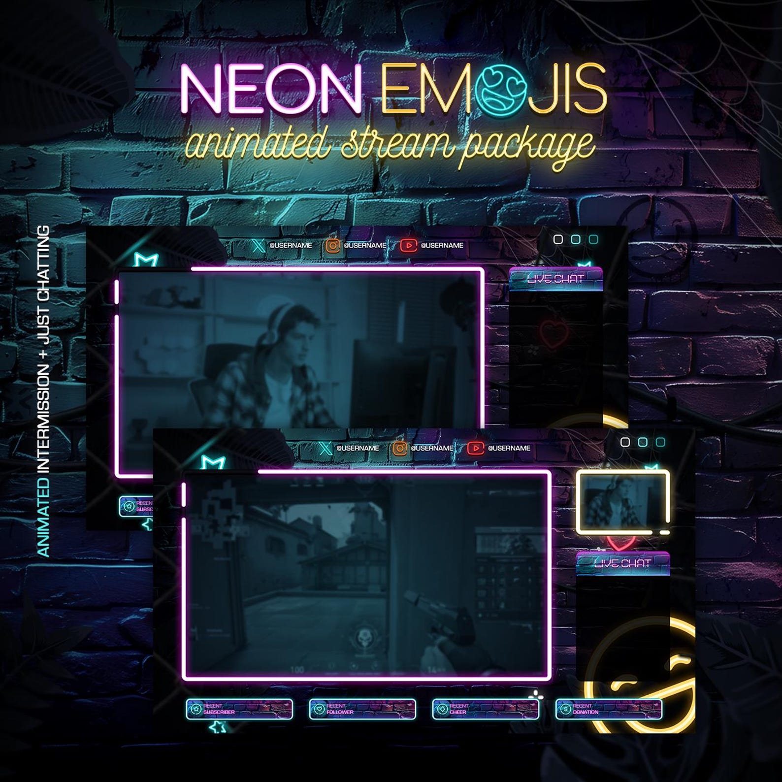 Neon Emojis Animated Stream Package: Twitch, Youtube, Kick, Stream ...