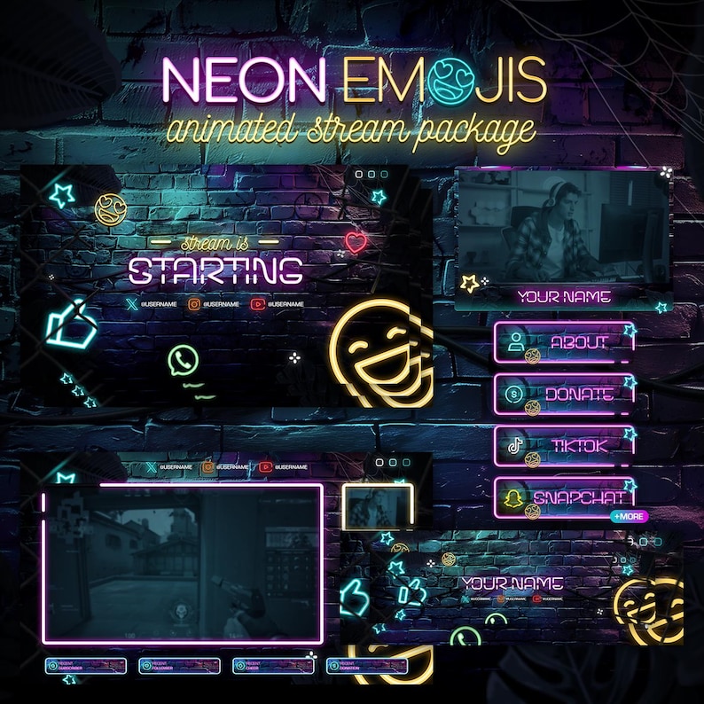Neon Emojis Animated Stream Package: Twitch, Youtube, Kick, Stream ...