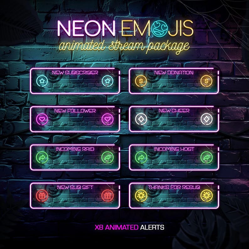 Neon Emojis Animated Stream Package: Twitch, Youtube, Kick, Stream ...