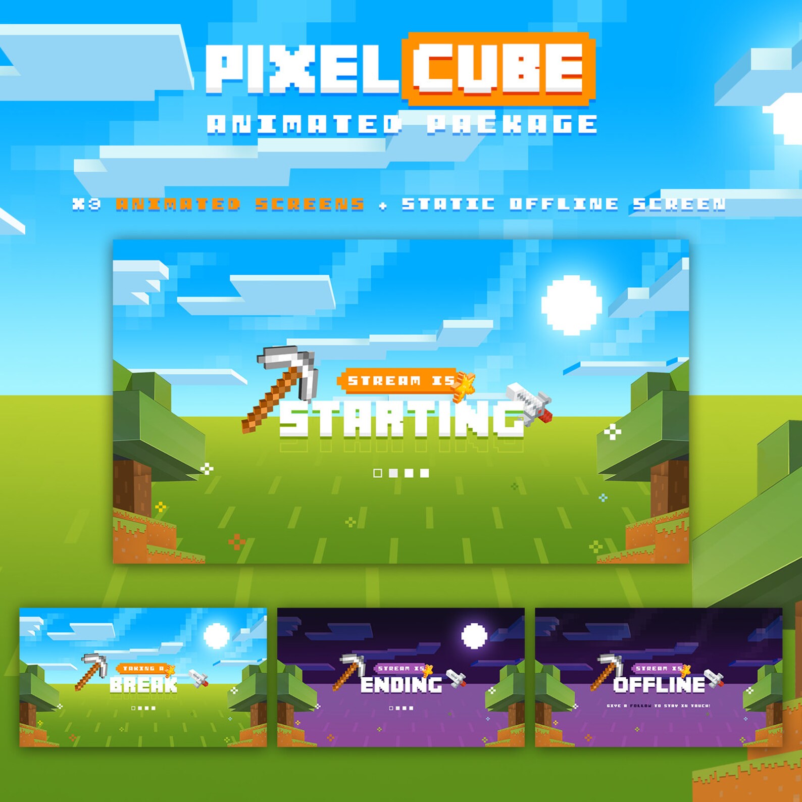 Pixel Cube Premium Animated Stream Package Stream Overlays, Panels ...