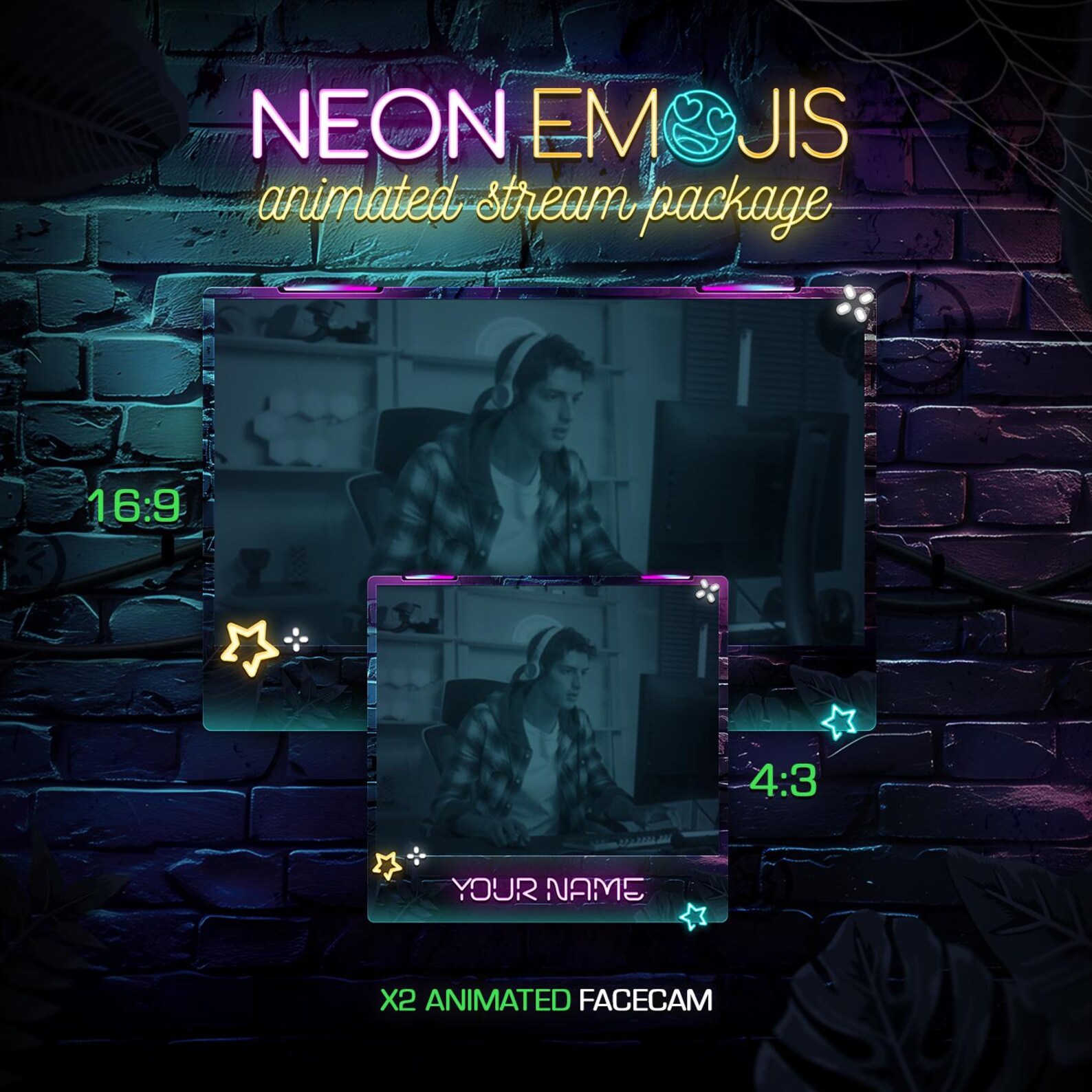 Neon Emojis Animated Stream Package: Twitch, Youtube, Kick, Stream ...