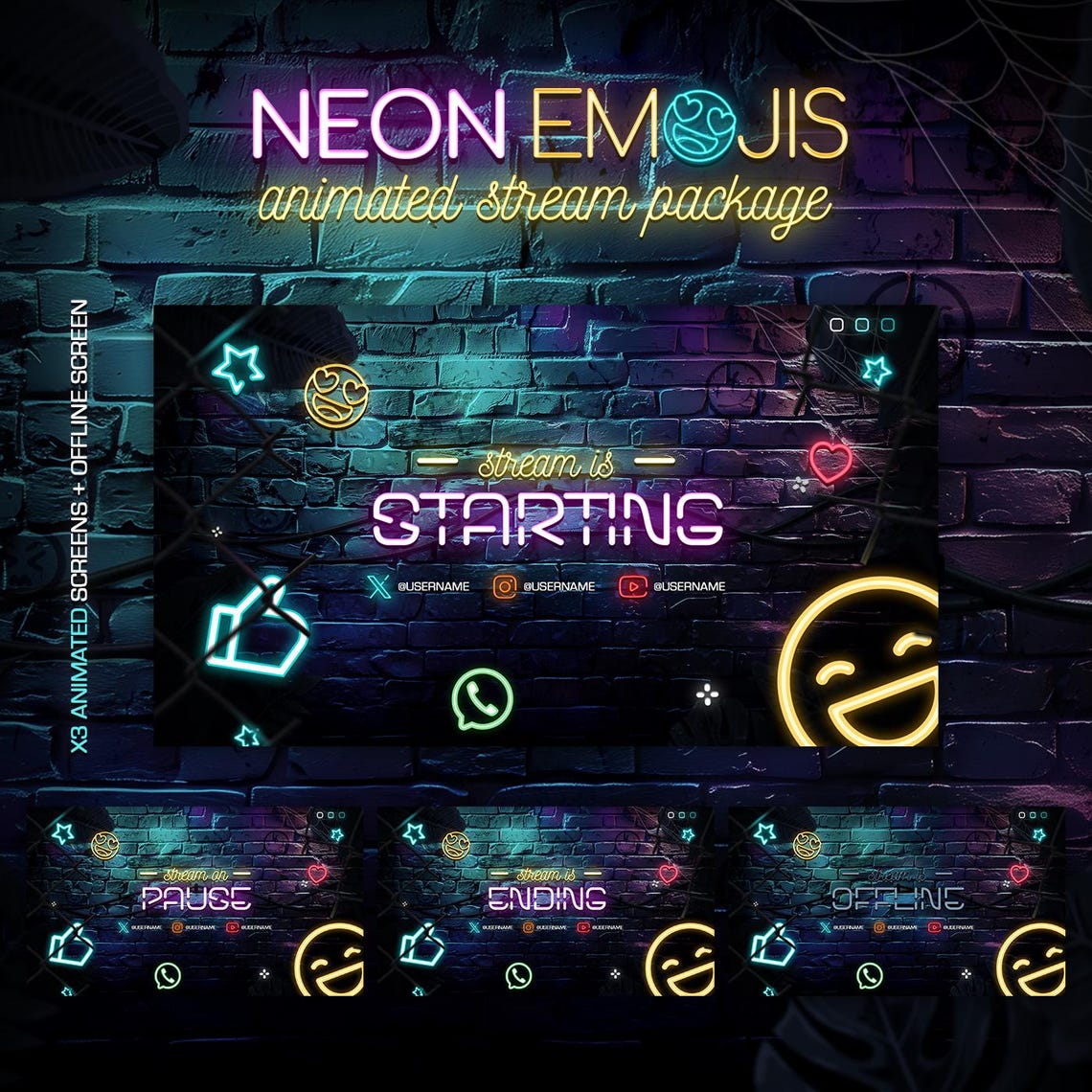 Neon Emojis Animated Stream Package: Twitch, Youtube, Kick, Stream ...