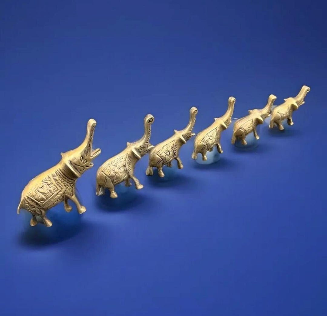 Set of 6 Vintage Solid Brass Mini Elephants Figures With Trunks up ...