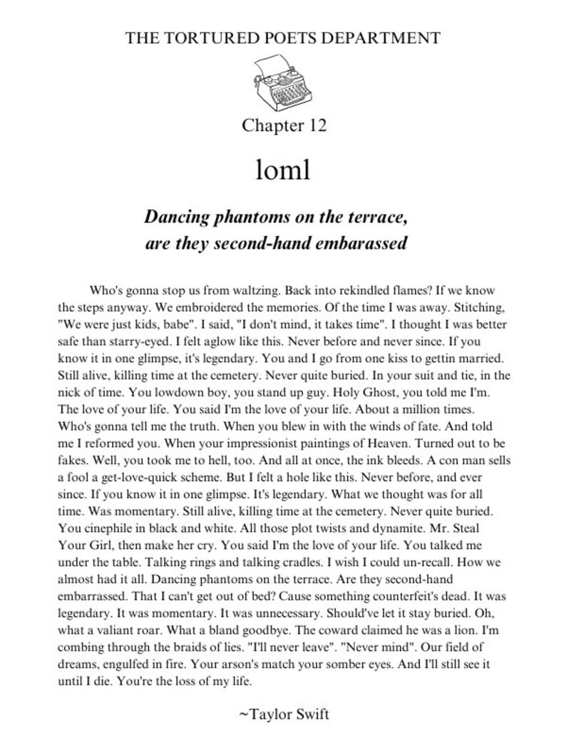 Loml the Tortured Poets Department Print Wall Art, Taylor Swift TTPD ...