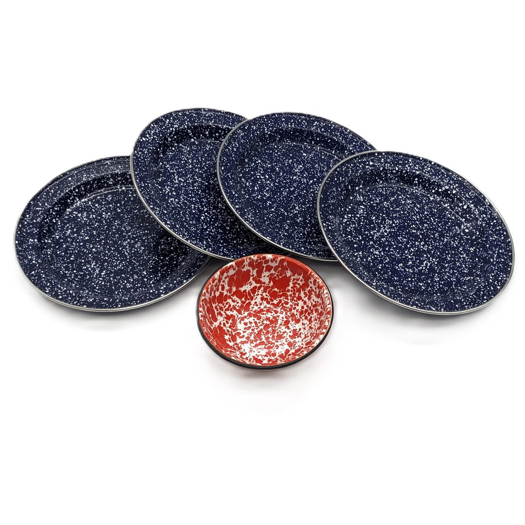 Vintage Enamelware 4 Plates 1 Bowl Set Blue & Red | 5 Pieces Set of ...