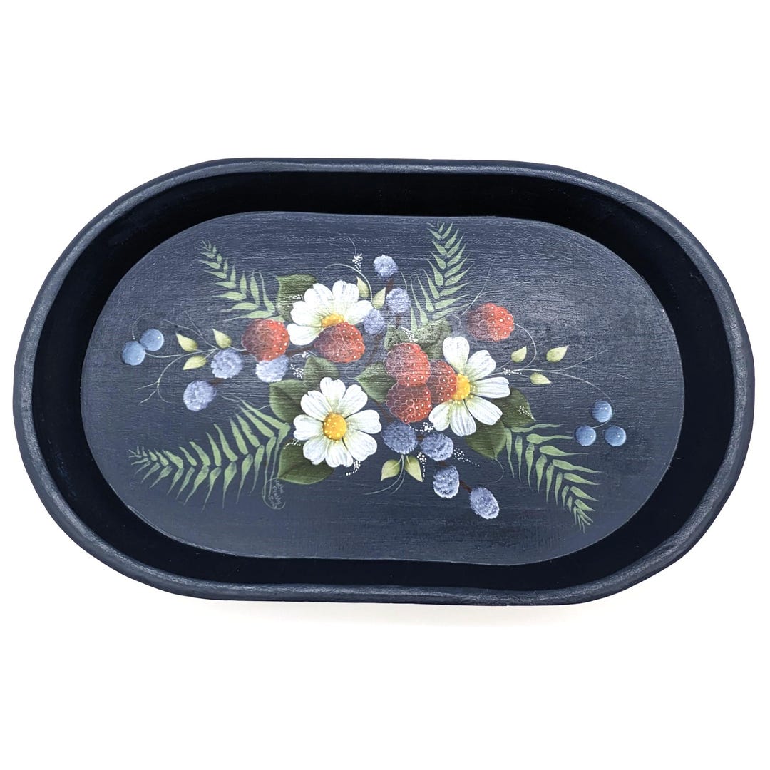 Folk Art Tole Painted Vintage Oval Tray Floral Dark Blue Signed Navy ...