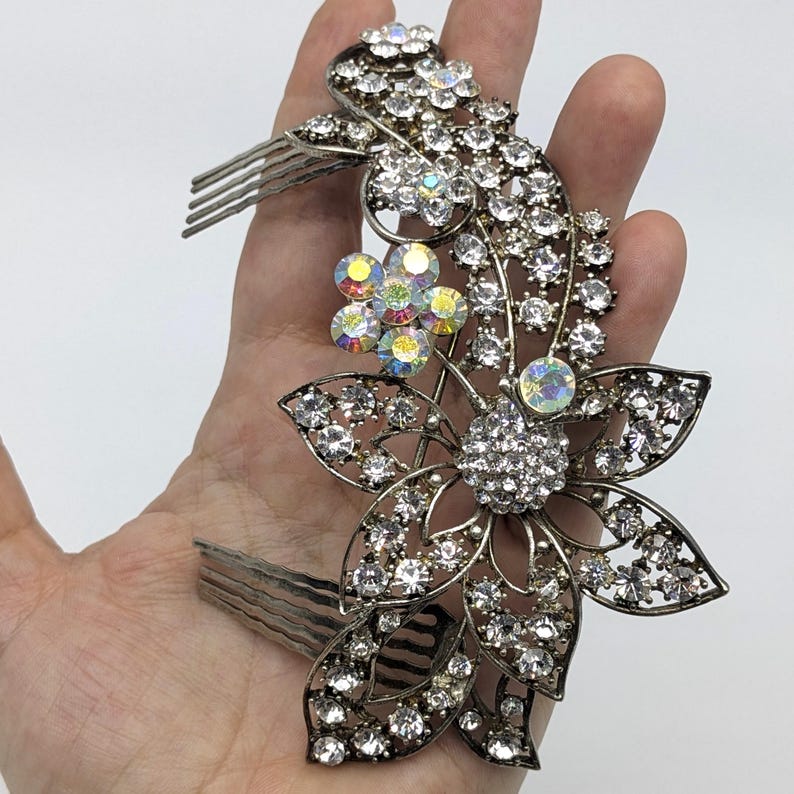 Vintage Rhinestone Flower Hair Comb: Aurora Borealis Bridal Hair ...