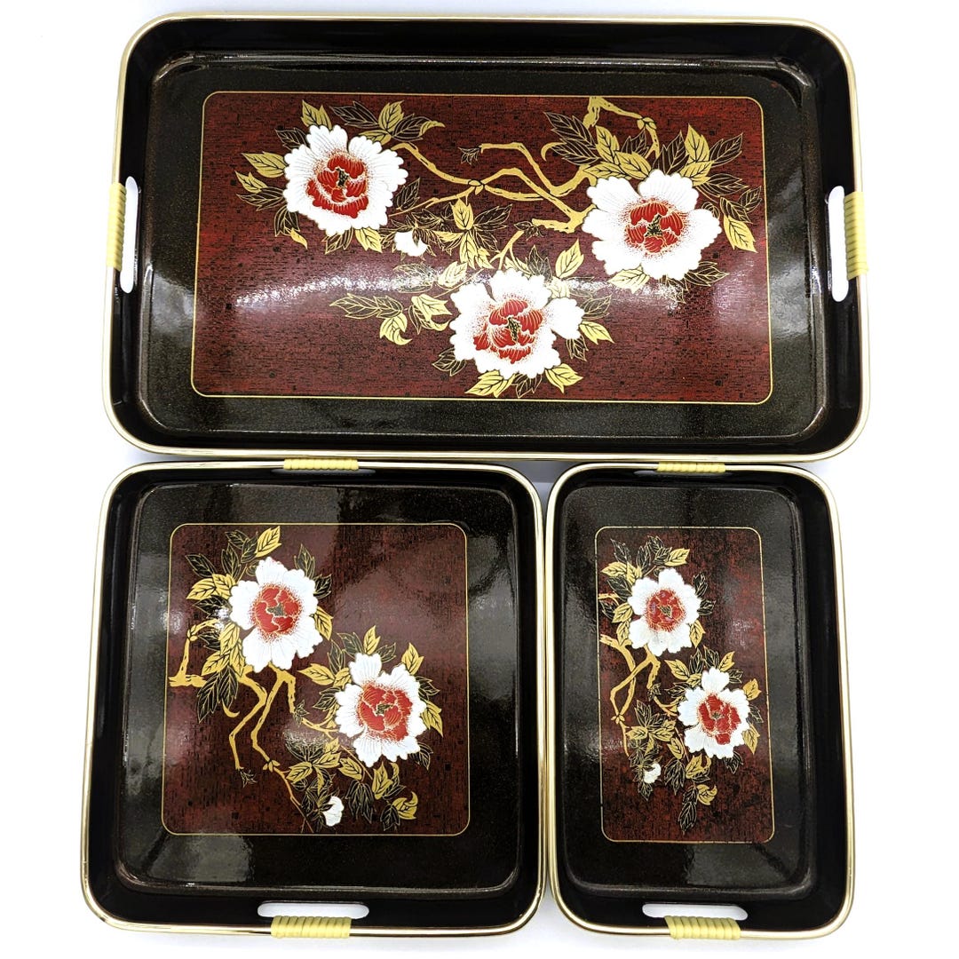 Vintage Asian Serving Trays Made in Japan Set of 3 |70s Floral Japanese ...