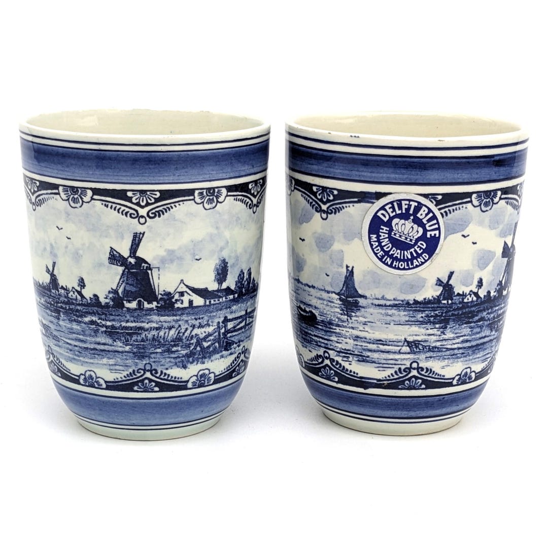 2 Delft Blue Cups Hand Painted W Sticker | 1980s Signed Dutch Ceramic ...