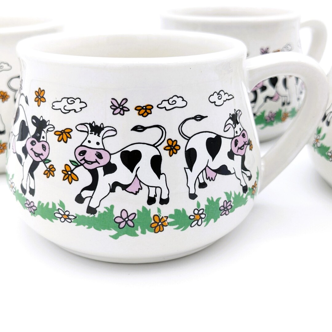 Vintage Large Mugs Cow Flowers Set of 4 | Soup Mug Set Cute Cows ...