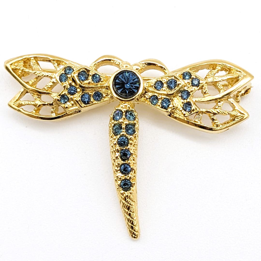 Brooch Dragonfly Art Noveau Vintage | Golden Blue Rhinestone Dragonfly ...