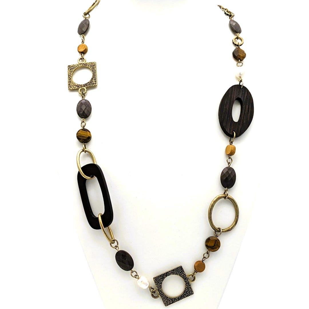Vintage Lia Sophia Long Necklace | Mix Media Pearls, Tiger’s Eye and ...
