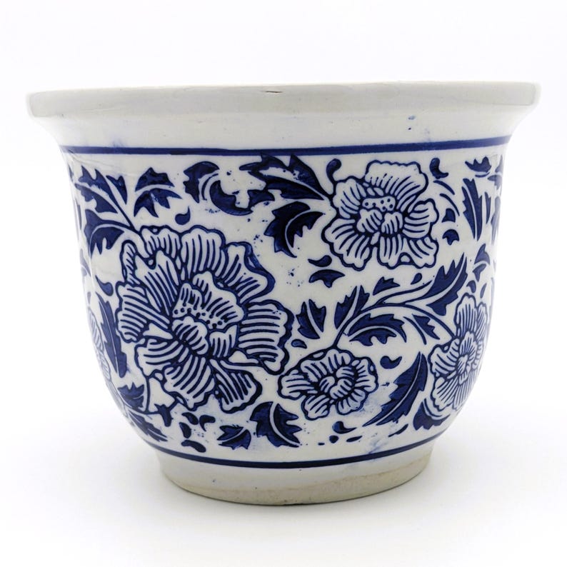 Vintage Blue White Flower Pot Floral Jardiniere Blue White Pot ...