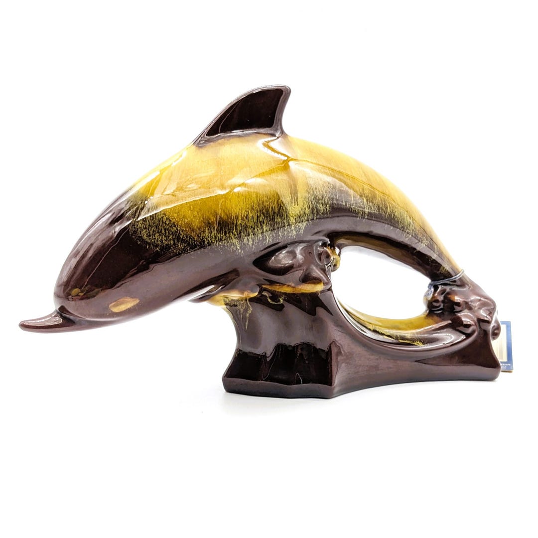 Dolphin Figurine Blue Mountain Pottery | 1970s Harvest Gold Brown Drip ...