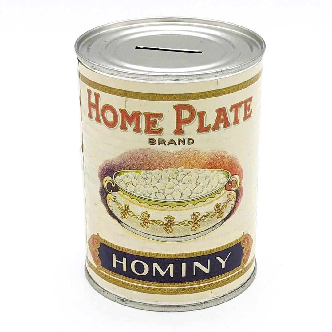 Vintage Promotional Can Bank Home Plate Brand 1995 Tin Bank Hominy ...